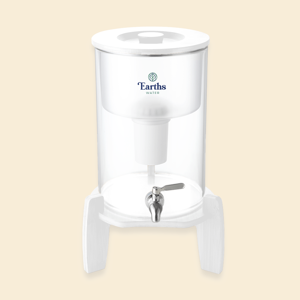 Earths Water 9L Glass Benchtop Alkaline Water Filter - White Bamboo