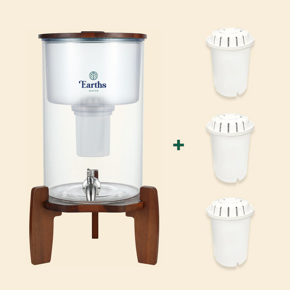 9L Glass Benchtop Alkaline Water Filter - Eco Acacia + 3 Replacement F ...